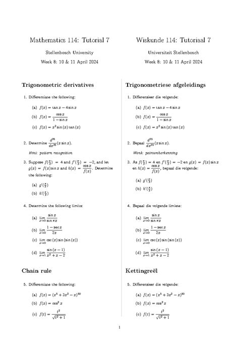 Maths Tut7 Tutorial Mathematics 114 Tutorial 7 Stellenbosch