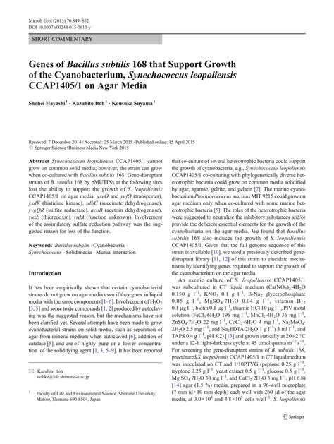 Pdf Genes Of Bacillus Subtilis 168 That Support Growth Of The Cyanobacterium Synechococcus