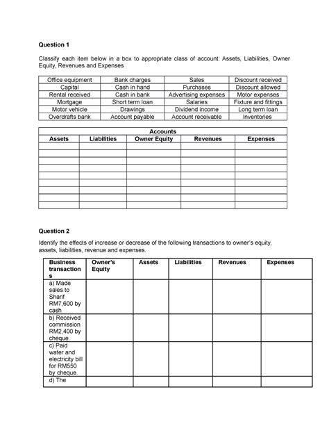 Additional Exercise Chapter 2 Question 1 Classify Each Item Below In