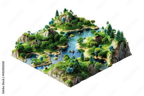 3d Isometric Landscape Illustration Featuring A Vibrant Lush Environment With Water Bodies