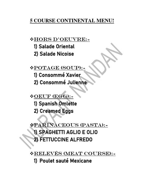5 Course Continental Menu Pdf Salad Foods