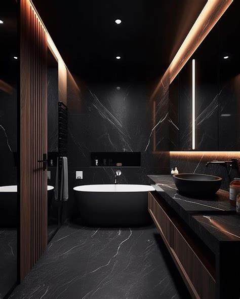 Black Stone Modern Bathroom Wood Slat Accents Modern Bathroom Design Black Tile Bathrooms
