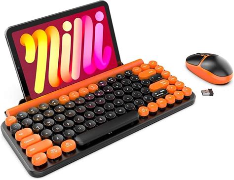 Wireless Keyboard And Mouse Combo Soueto Retro Round Keycap Typewriter Keyboard