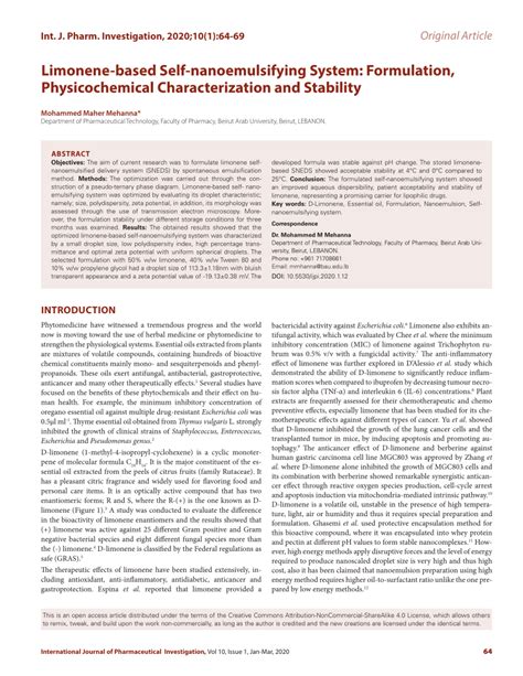 Pdf Limonene Based Self Nanoemulsifying System Formulation Physicochemical Characterization