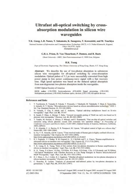 Pdf Ultrafast All Optical Switching By Cross Absorption Modulation In Silicon Wire Waveguides