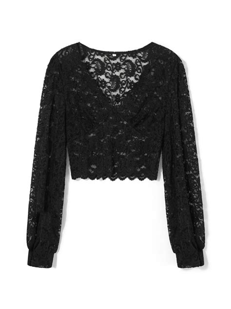 Shuttle Tree Women Crop Tops Floral Lace Long Sleeve Basic Shirt Casual