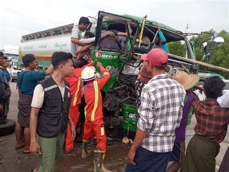 ညောင်တုန်းမြို့တွင် ဆီဘောက်ဆာကားမှ ရပ်ထားတဲ့ ကားကို ဝင်တိုက်မိပြီး ၆