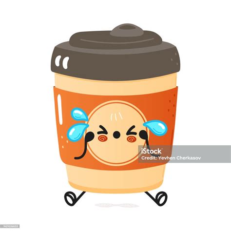 귀여운 슬픈 커피 한 잔 캐릭터 벡터 손으로 그린 만화 카와이 캐릭터 일러스트 레이 션 아이콘 흰색 배경에 고립되어 있습니다 슬픈 커피 한 잔의 커피 캐릭터 개념 갈색에