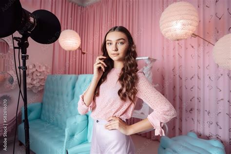 Teenager Brown Air American Girl Influencer Posing Like A Star In Her Room Queer Pastel Colors