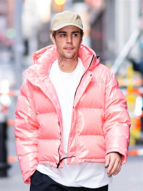 Justin Bieber Pink Puffer Jacket Bubblegum Pink Hooded Jacket