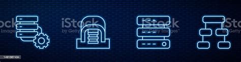 라인 서버 데이터 웹 호스팅 및 장비 서버가 있는 격납고 및 계층 구조 조직도 차트를 설정합니다 벽돌 벽에 빛나는 네온 아이콘 벡터 기어 기계 부분에 대한 스톡 벡터 아트