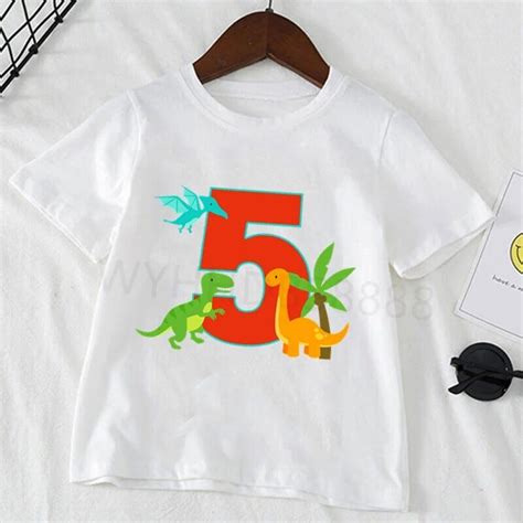 어린이 공룡 만화 생일 번호 흰색 티셔츠 소년 소녀 여름 공룡 탑 생일 선물 24m 8t 어린이 의류
