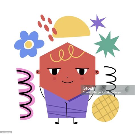 추상 기하학적 문자입니다 귀여운 얼굴 다리 손 재미있는 그래픽 마스코트를 가진 기본 다각형 그림 현대 유치한 생물 포스터 또는
