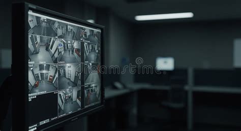 Monitoring Security System Displaying Multiple Camera Feeds In Dark Control Room Stock