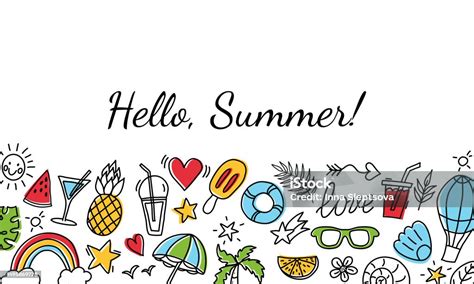 안녕하세요 여름 배너입니다 여름 컬러 낙서 아이콘 세트 과일에 대한 스톡 벡터 아트 및 기타 이미지 과일 관광 귀여운