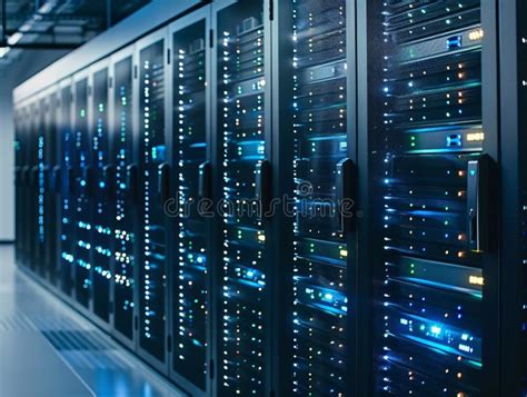 Computer Cluster Of Servers In Data Center Lined Up With Electrical Wiring Stock Illustration