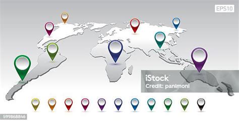 세계지도에 설정된 여러 가지 빛깔의 광택맵 포인트 기호 화살표 0명에 대한 스톡 벡터 아트 및 기타 이미지 0명 3차원 형태 가리키기 Istock