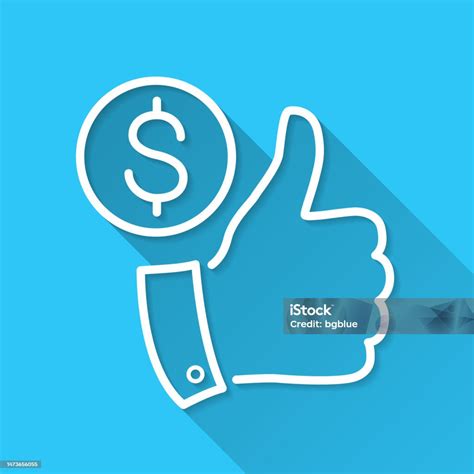 엄지 손가락으로 달러 동전 파란색 배경에 아이콘 긴 그림자가 있는 평면 디자인 동전에 대한 스톡 벡터 아트 및 기타 이미지 동전 이미지 기반 소셜 미디어 3차원 형태