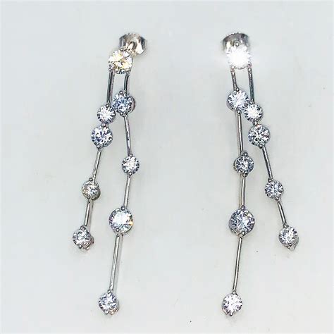 Unusual Vintage Solid Silver Earrings Set With A Double Strand Diamante