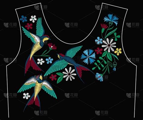 刺绣针与燕子鸟 野生花为领口。服装绣饰为纺织、布艺传统民间装饰。矢量插图