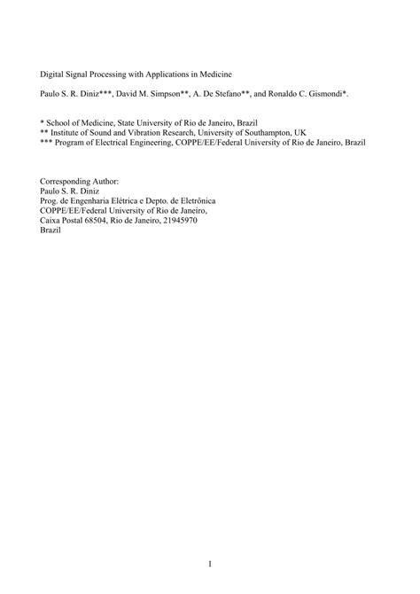 PDF Digital Signal Processing With Applications In Medicine