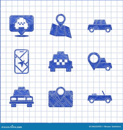 Set Taxi Car Gps Device With Map Car Location Taxi City Navigation And Icon Vector Stock