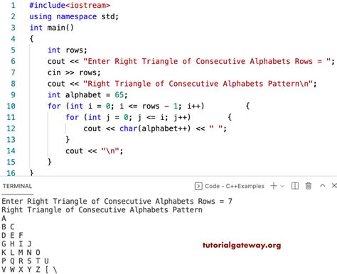 C Program To Print Right Triangle Of Consecutive Alphabets Pattern