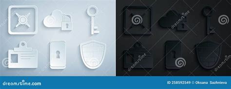 Set Smartphone With Lock Key Identification Badge Shield Cyber Security Brick Wall Cloud