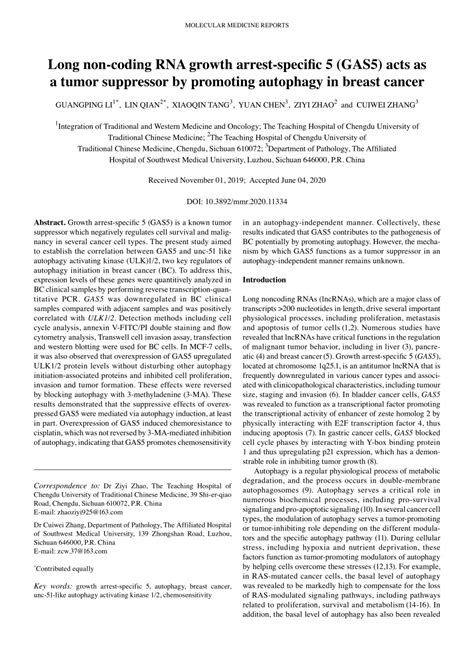 Pdf Long Non‑coding Rna Growth Arrest‑specific 5 Gas5 Acts As A