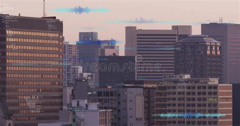 City Skyline With Digital Data Processing Animation Over Buildings At Dusk Stock Video Video