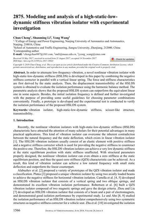 Pdf Modeling And Analysis Of A High Static Low Dynamic Stiffness Vibration Isolator With