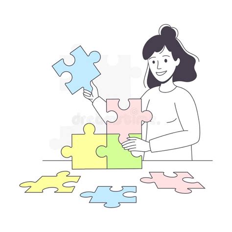 Woman Assembling Jigsaw Puzzle Connecting Mosaiced Pieces Together Vector Illustration Stock