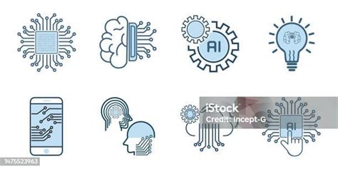 인공 지능 그룹 관련 벡터 라인 아이콘 Ai 처리 알고리즘 자체 학습 스타일과 같은 아이콘이 포함되어 있습니다 편집 가능한 획 디자인 감지기에 대한 스톡 벡터 아트 및 기타