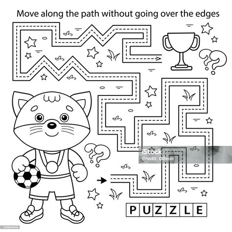 필기 연습 시트 간단한 교육 게임 또는 미로 색칠하기 개요 축구 공을 가진 만화 고양이 축구 스포츠 활동 아이들을위한 색칠하기 책 0명에 대한 스톡 벡터 아트 및 기타