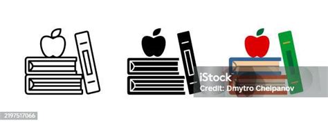 책과 사과 아이콘입니다 연구 교육 벡터 일러스트 레이 션 학교 학습 기호입니다 지식과 독서 픽토그램 학생 도서관 그래픽 학업 교실 디자인 문학 수업 개념 검은색에 대한 스톡