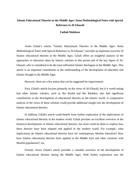 Pdf Islamic Educational Theories In The Middle Ages Some Methodological Notes With Special