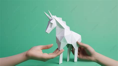 3d 페이퍼크래프트 디자인과 충분한 복사 공간을 갖춘 녹색 유니콘 조각품을 손에 들고 마법의 생물을 포용 사진 및 무료 다운로드를위한 그림 Pngtree