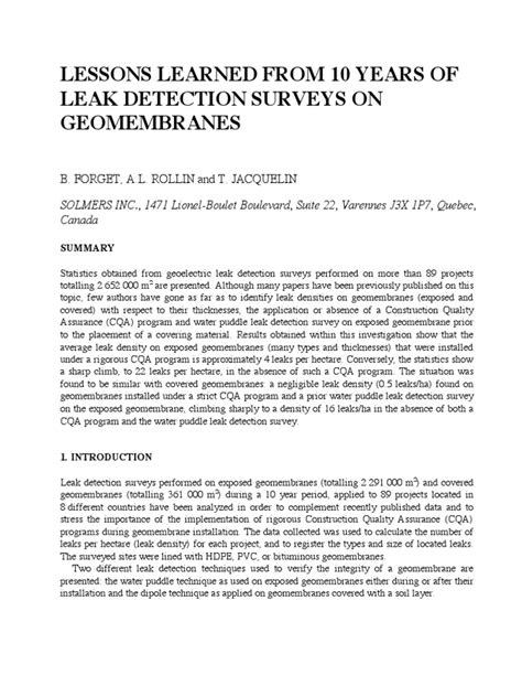 Lessons Learned From 10 Years Of Leak Detection Surveys On Geomembranes Pdf Water Leak