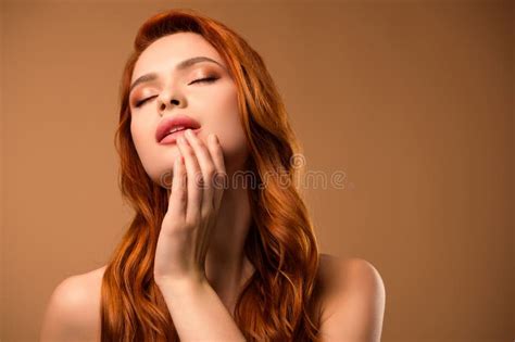 Photo Of Pretty Gorgeous Girl Touch Sensual Lips Pleasure Without Clothes Isolated On Beige