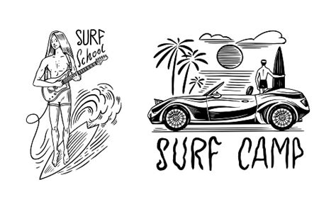 기타와 남자 서핑 배지 빈티지 서퍼 복고풍 의 물결 여름 캘리포니아 서핑 보드에 남자 엠블럼 핸드 가 그려진 배너 또는 포스터