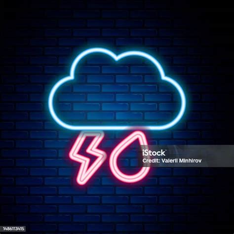 벽돌 벽 배경에 고립 된 비와 번개 아이콘빛나는 네온 라인 구름 비가 내리는 비 구름 강수량 폭풍의 날씨 아이콘 다채로운 개요 개념 벡터 0명에 대한 스톡 벡터 아트 및