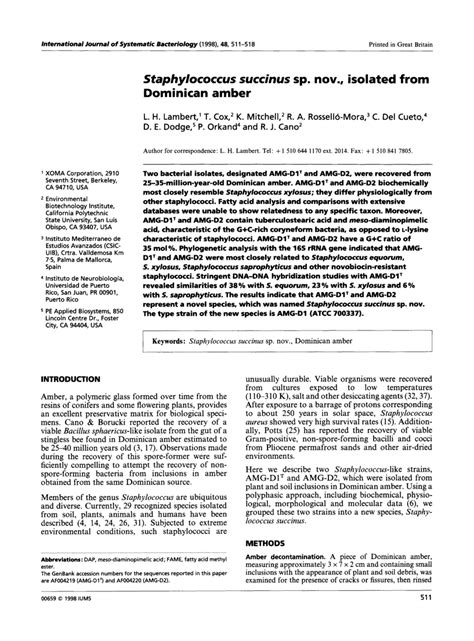 Pdf Staphylococcus Succinus Sp Nov Isolated From Dominican Amber
