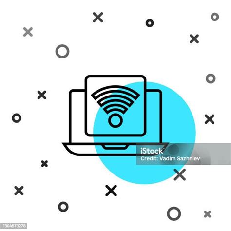 흰색 배경에 격리 된 블랙 라인 무선 노트북 아이콘 무선 연결과 사물 인터넷 개념 임의동적 모양 벡터 0명에 대한 스톡 벡터 아트 및 기타 이미지 Istock