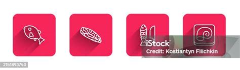 세트 라인 열대어 생선 스테이크 얇게 썬 조각과 긴 그림자가 있는 접시에 문어 빨간색 사각형 버튼입니다 벡터 건강한 생활방식에 대한 스톡 벡터 아트 및 기타 이미지 Istock