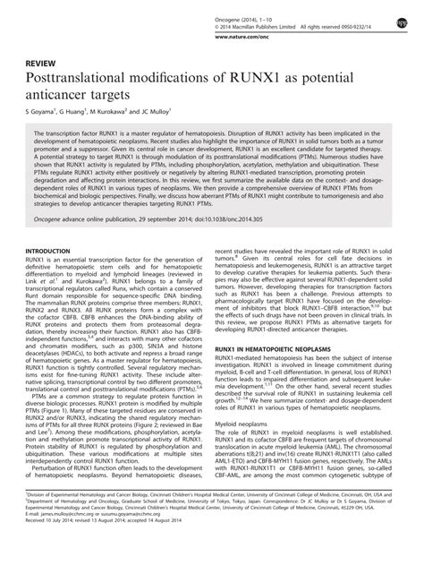 Pdf Posttranslational Modifications Of Runx1 As Potential Anticancer