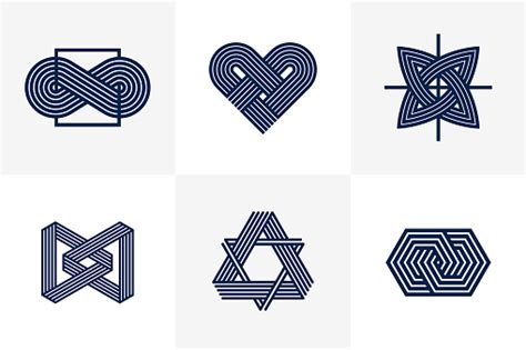 로고 생성을위한 그래픽 디자인 요소 얽힌 선 빈티지 스타일 아이콘 컬렉션 추상적 인 기하학적 선형 기호 벡터 세트 뒤엉킴에 대한