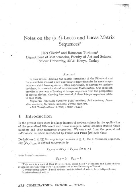 Pdf Notes On The S T Lucas And Lucas Matrix Sequences