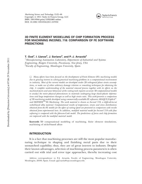 Pdf 3d Finite Element Modelling Of Chip Formation Process For Machining Inconel 718