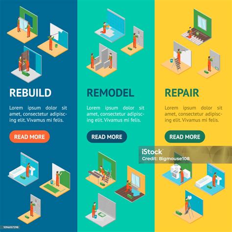 홈 수리 작업자 3d 배너 Vecrtical 세트 아이소메트릭 뷰를 사람들 벡터 3차원 형태에 대한 스톡 벡터 아트 및 기타 이미지 3차원 형태 가정 생활 개념