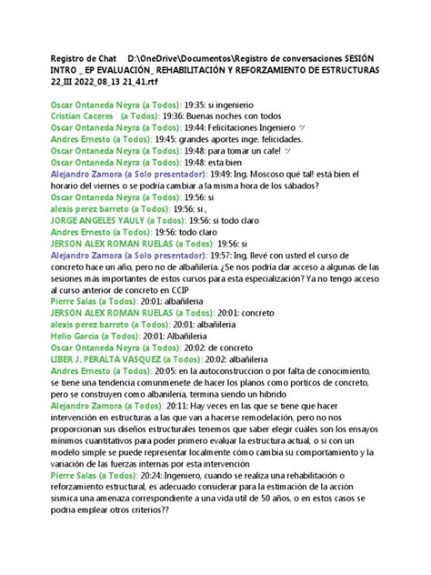 Registro De Conversaciones SesiÓn Intro Ep EvaluaciÓn RehabilitaciÓn Y Reforzamiento De